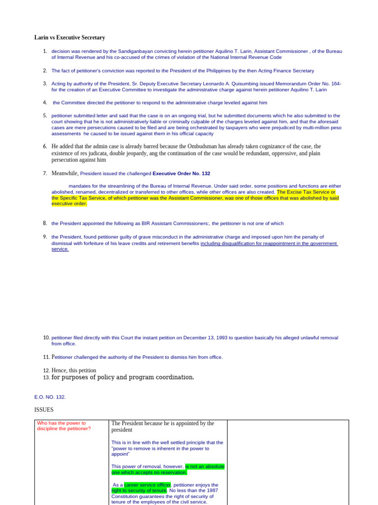 Larin vs Executive Secretary Case Summary | PDF | Presidents Of The ...