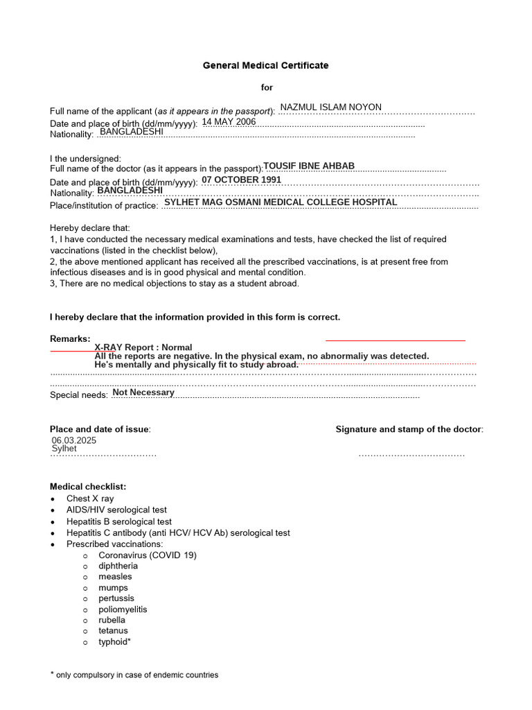 General Medical Certificate | PDF | Vaccines | Diseases And Disorders