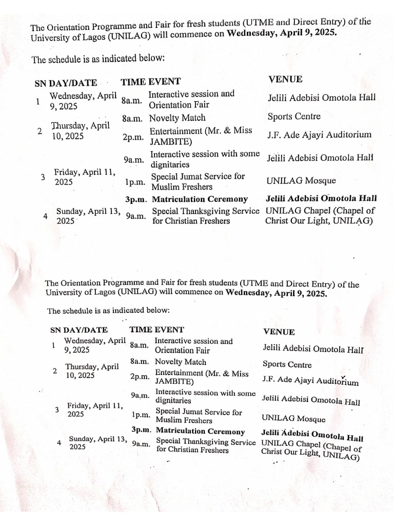 Orientation Programme For Fresh UTMEDirect Entry Students | PDF