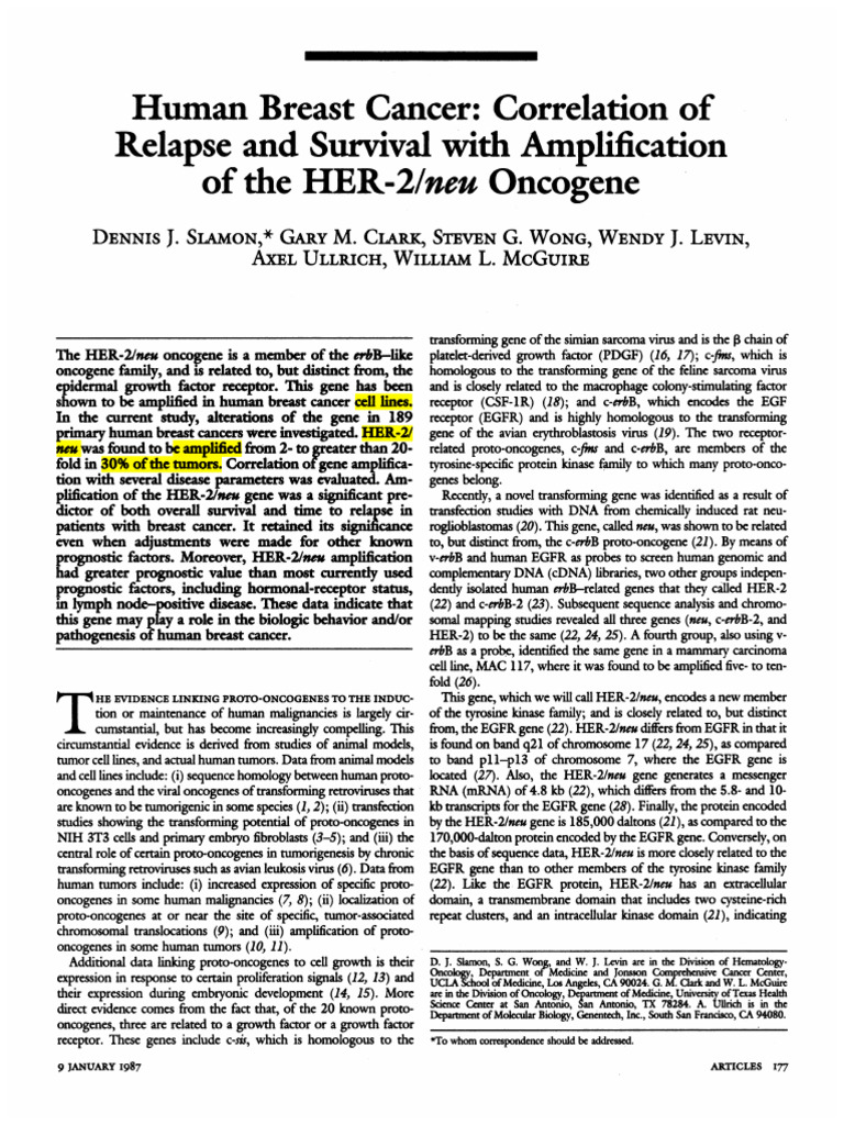 1987 - (Slamon) Human Breast Cancer - Correlation of Relapse and Survival With Amplification of ...