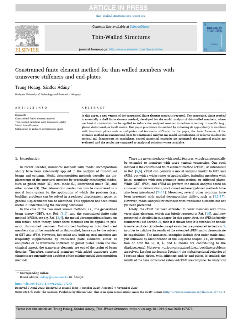 Constrained Finite Element Method For Thin-Walled | PDF | Buckling | Vector Space