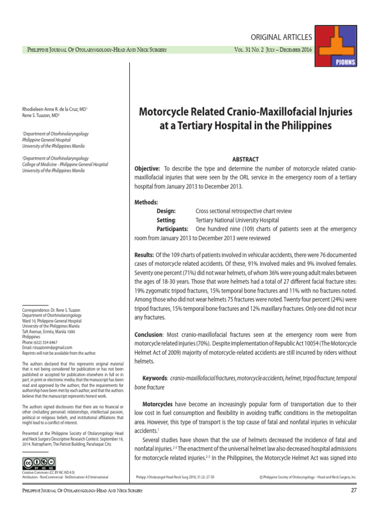 2016 Motorcycle Related Cranio-Maxillofacial Injuries at A Tertiary ...