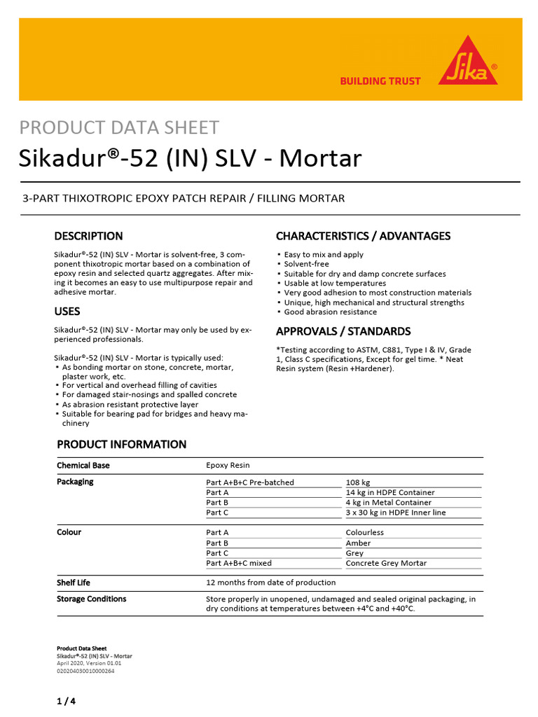 Sikadur®-52 SLV Mortar Data Sheet | PDF | Concrete | Epoxy