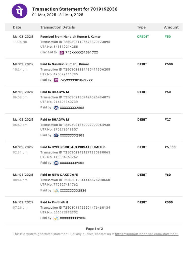 PhonePe Statement Mar2025 Mar2025 | PDF | Debits And Credits | Financial Services