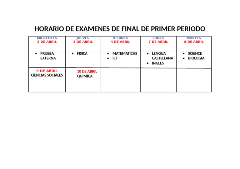 Horario+de+Examenes+de+Final+Del+Primer+Periodo (1) | PDF