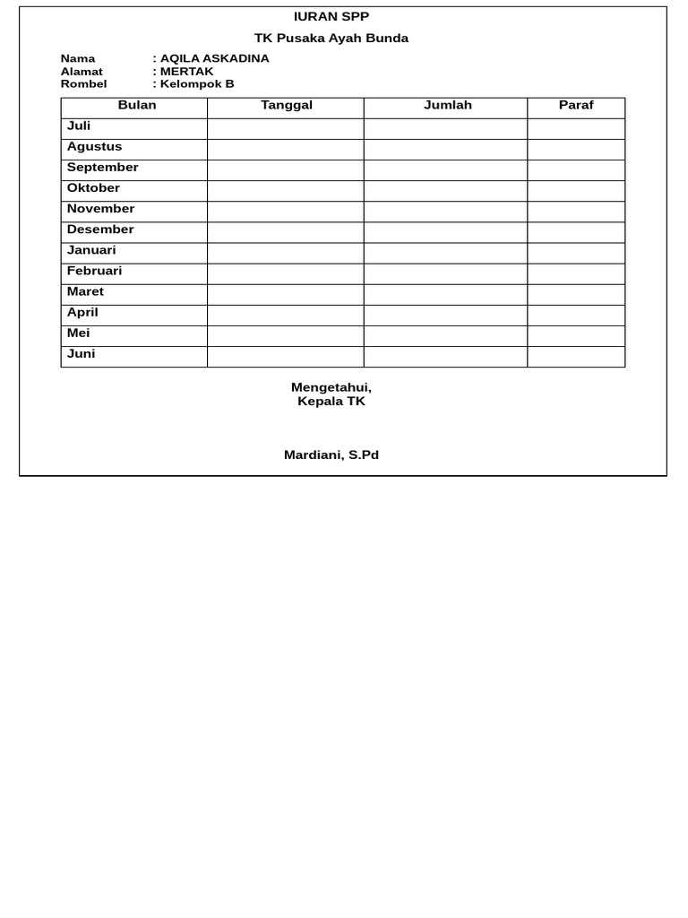 Kartu SPP Cover Dalam | PDF