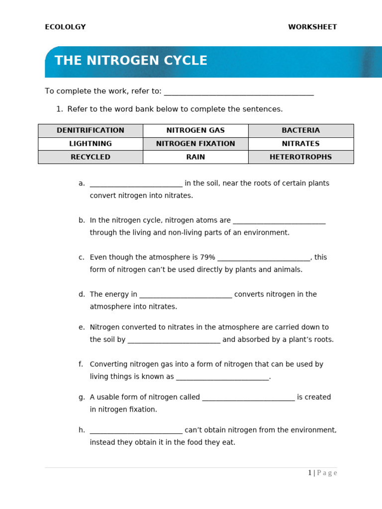 Worksheet - The Nitrogen Cycle Copy 2 | PDF | Nitrogen | Soil