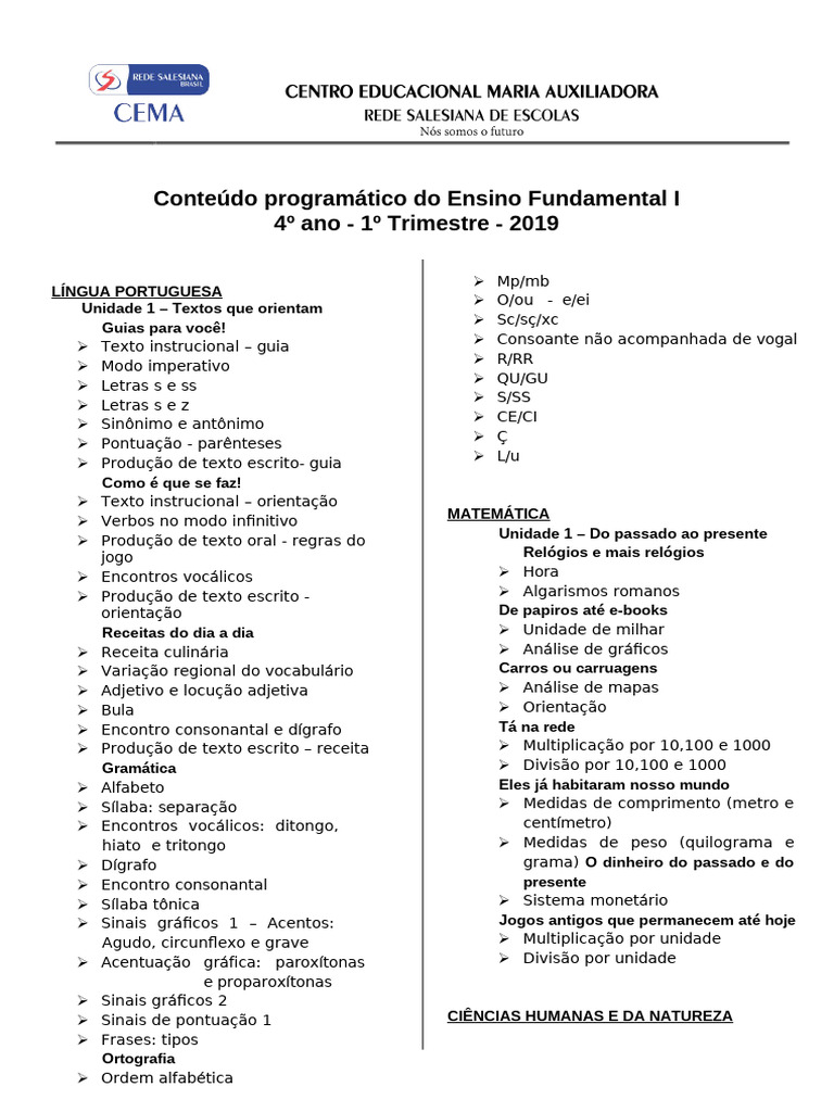 Conteudo Programatico 4º Ano 1º Trimestre | PDF | Linguística
