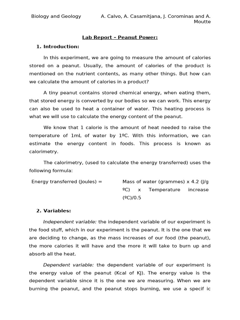 Lab Report Peanut Andrea Casamitjana Alvaro Calvo Joan Corominas Amaya ...
