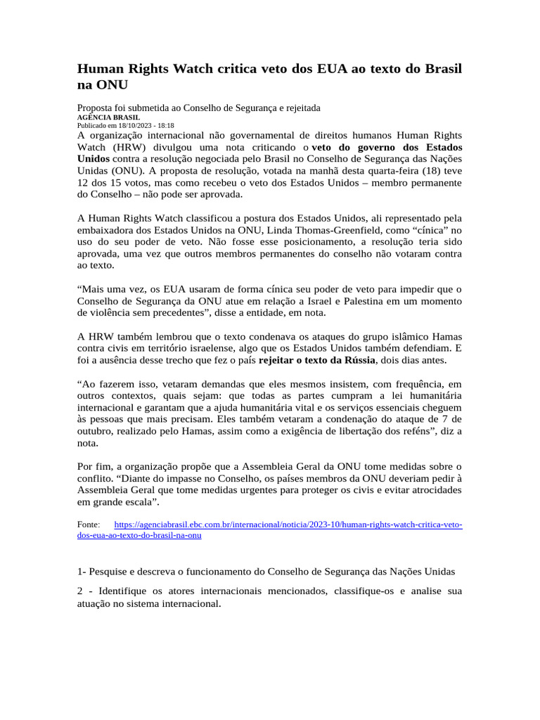 EUA Vetam Resolução do Brasil na ONU | PDF