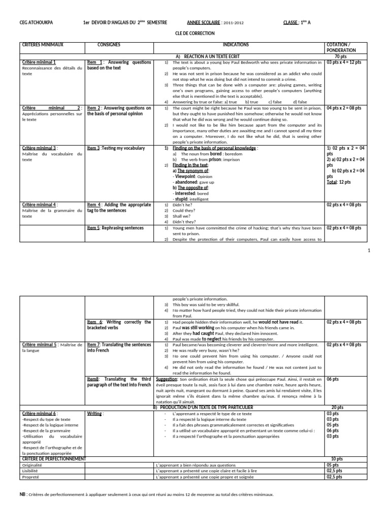 Clé de Correction de 1ère A 1er Devoir 2è Semestre | PDF | Linguistics