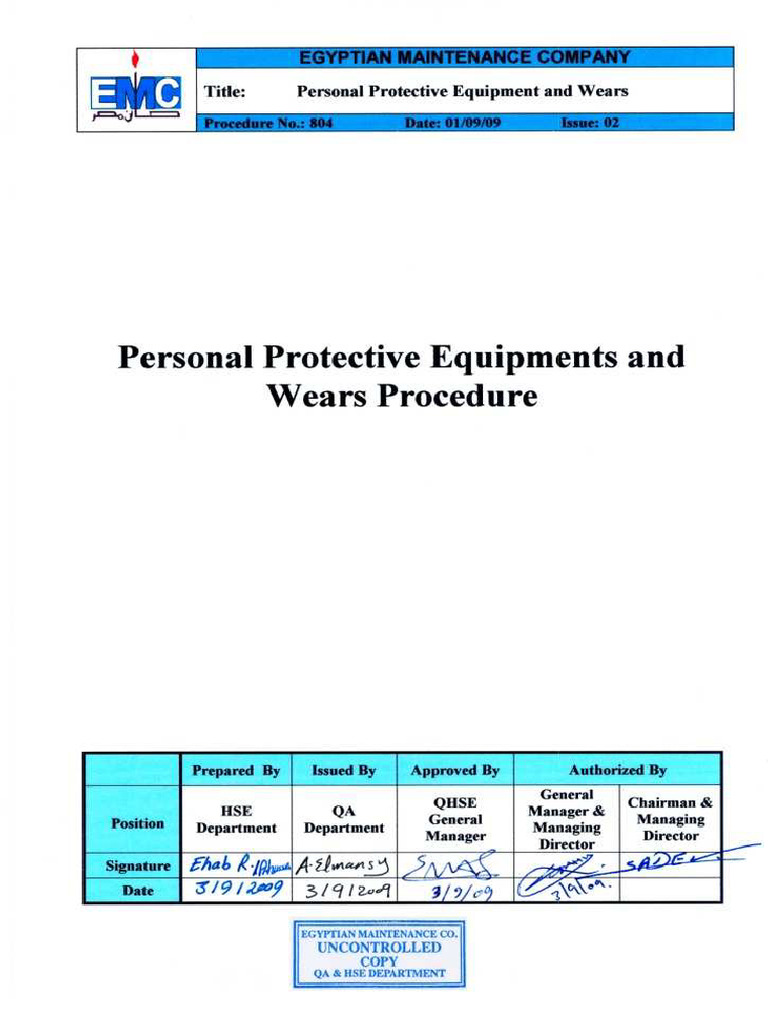 804 - Personal Protective Equipment and Wears Procedure | PDF