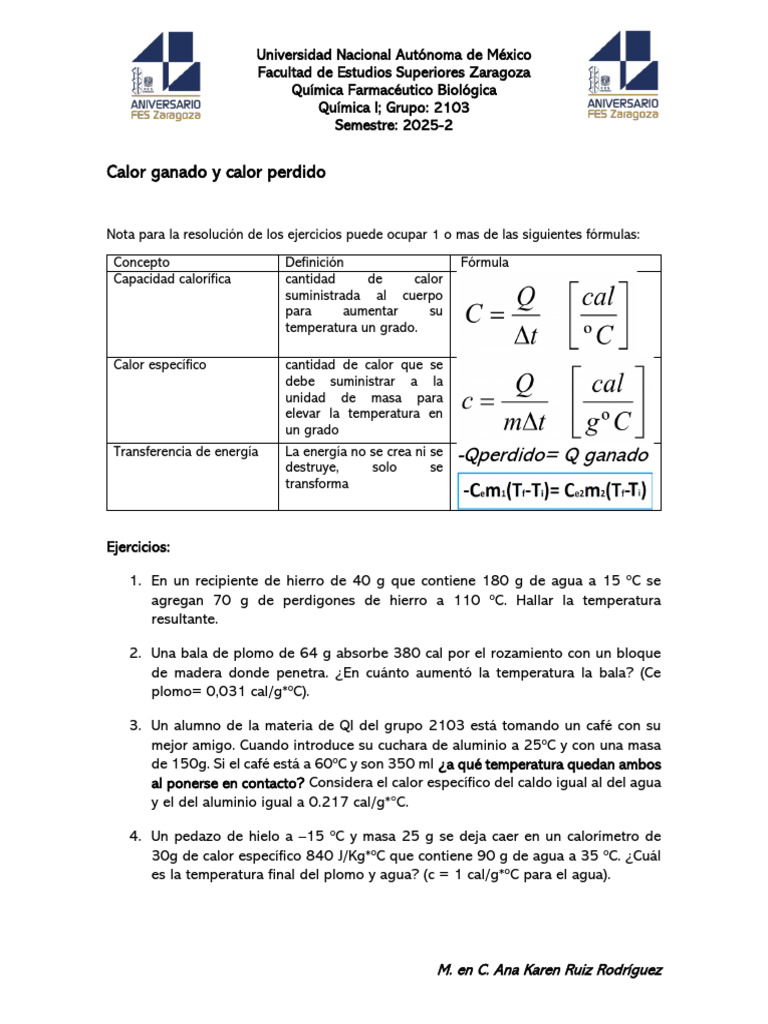 Compendio Ejercicios Unidad 2025-2 | PDF | Calor | Entalpía