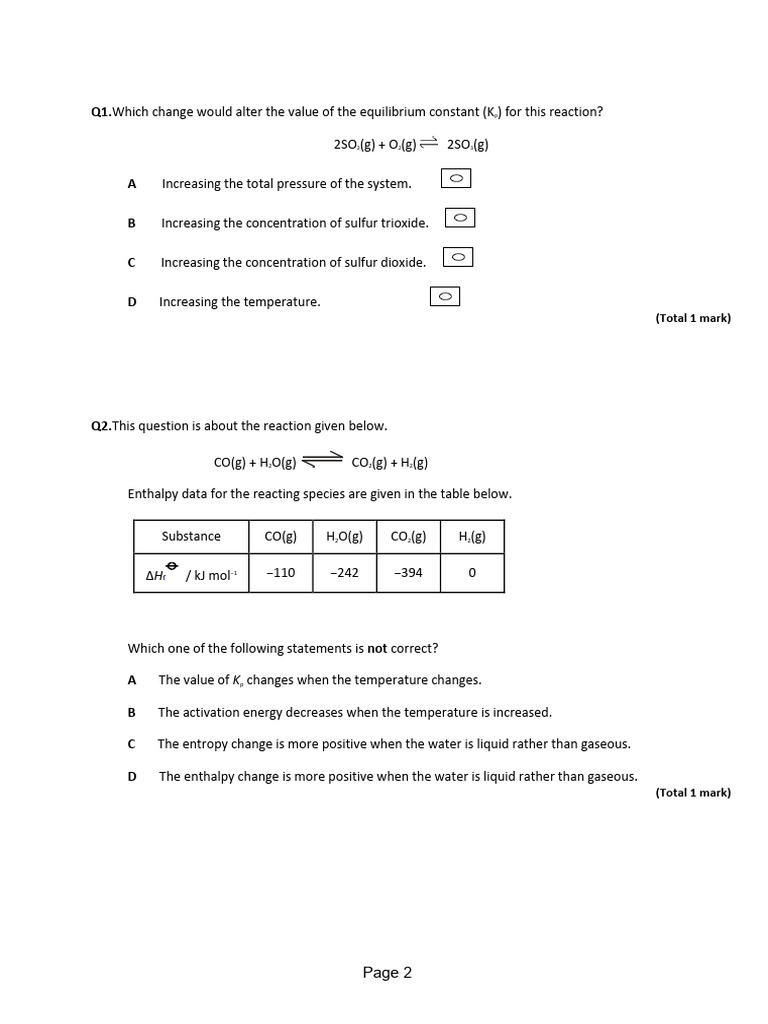 Equilibrium Constant (Multiple Choice) QP | PDF | Chemical Equilibrium | Methanol
