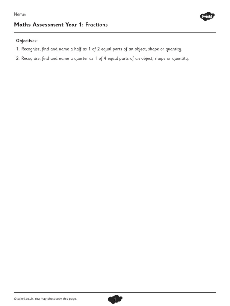 T PA 058 Year 1 Maths Assessment Fractions | PDF | Baked Goods