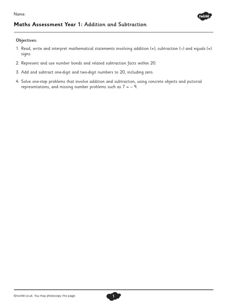 Year 1 Maths: Addition & Subtraction Test | PDF | Mathematics