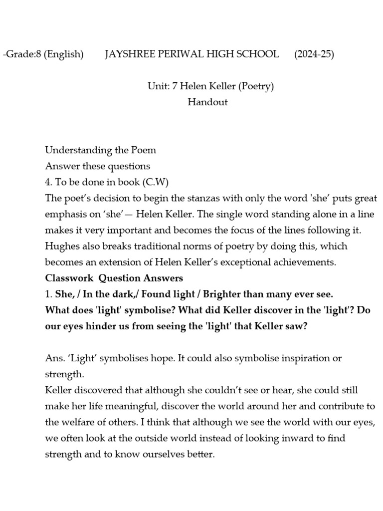Unit 7 - POEM - Helen Keller (Handout) | PDF | Beauty | Poetry