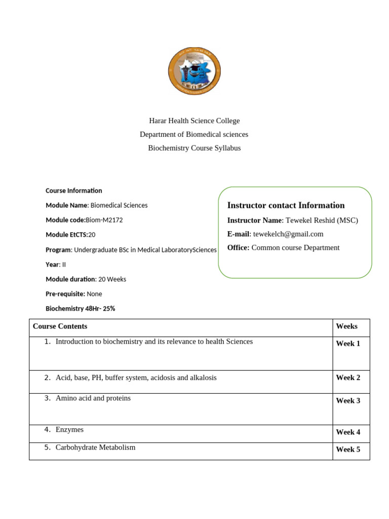 Course Plan (Biochem For MLS) | PDF