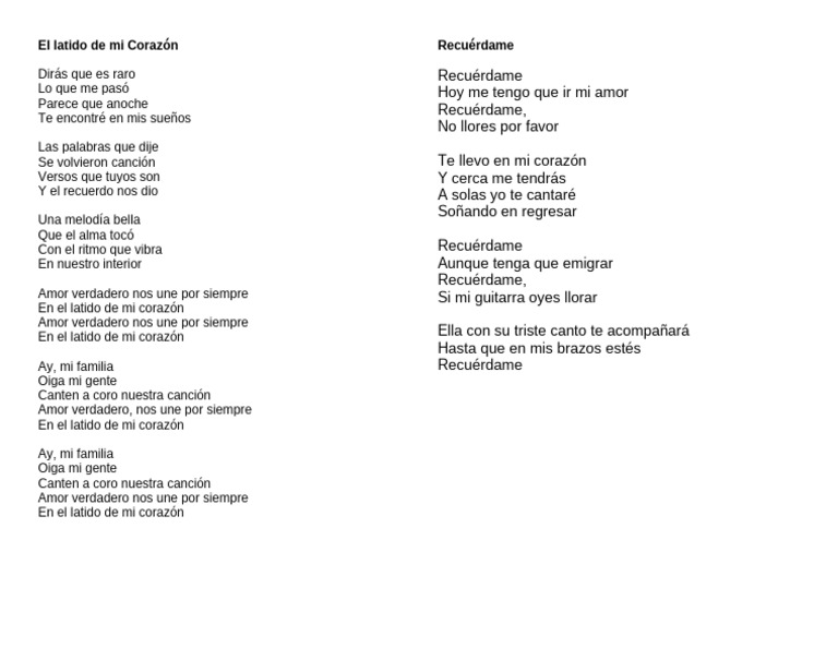 El latido de mi Corazón - Recuerdame COCO Letras | PDF