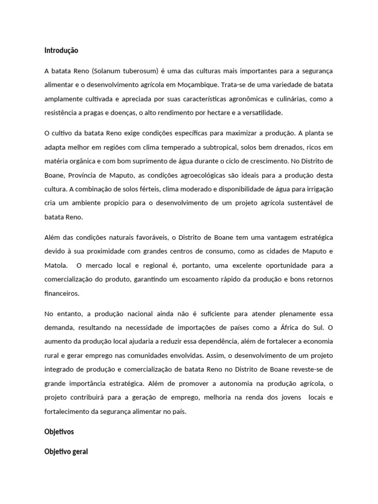 Produção Sustentável de Batata Reno em Boane | PDF | Batata | Agricultura