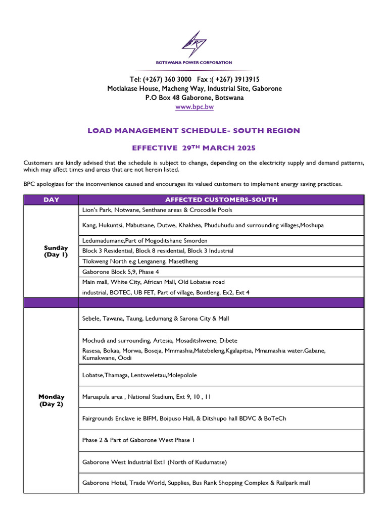 Projected Load Management Schedule Effective March 29 2025 | PDF
