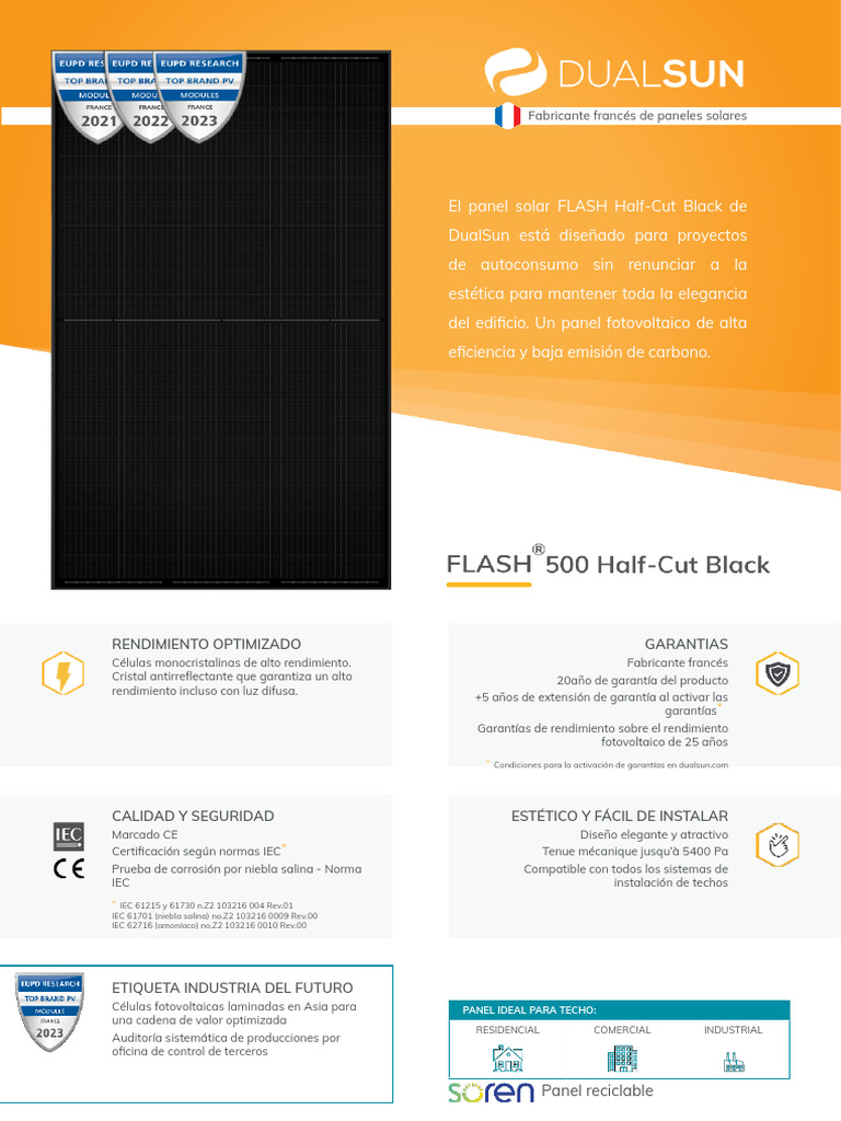 Dualsun Es Ficha Tecnica Flash 500 Half Cut Black | PDF | Fotovoltaica | Panel solar