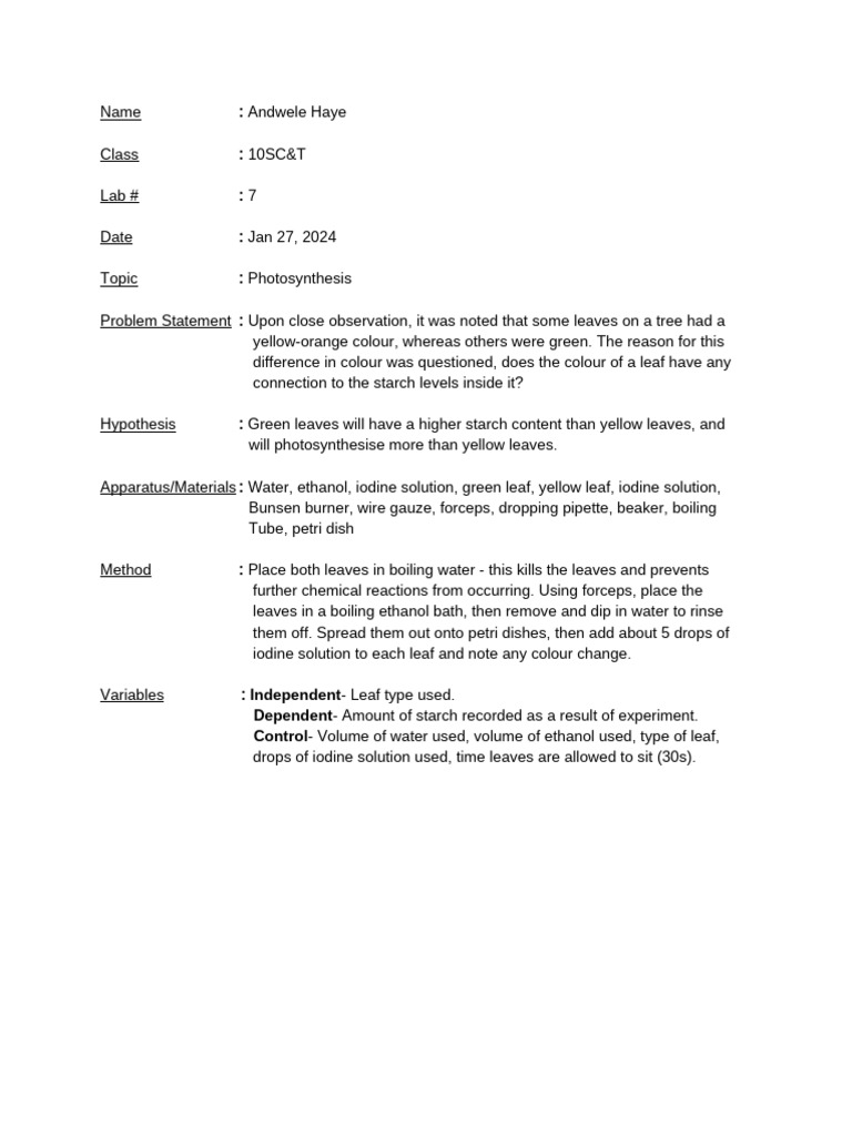 Photosynthesis Experiment on Leaf Color | PDF | Experiment | Leaf