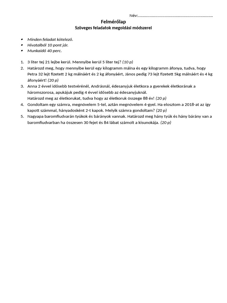 Felmero 5 Oszt Szoveges Feladatok | PDF