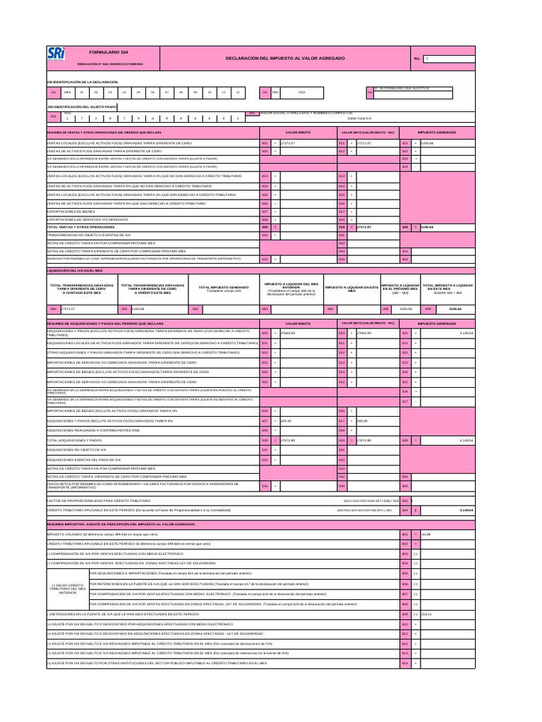 Declaración IVA Formulario 104 2024 | PDF | Impuesto al valor agregado | Ingresos