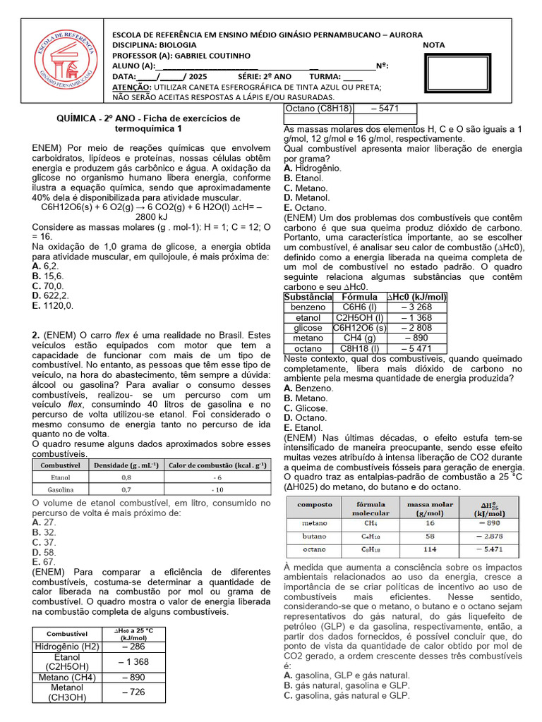 2º ANO - QUÍMICA - Ficha de Exercícios de Termoquímica | PDF ...