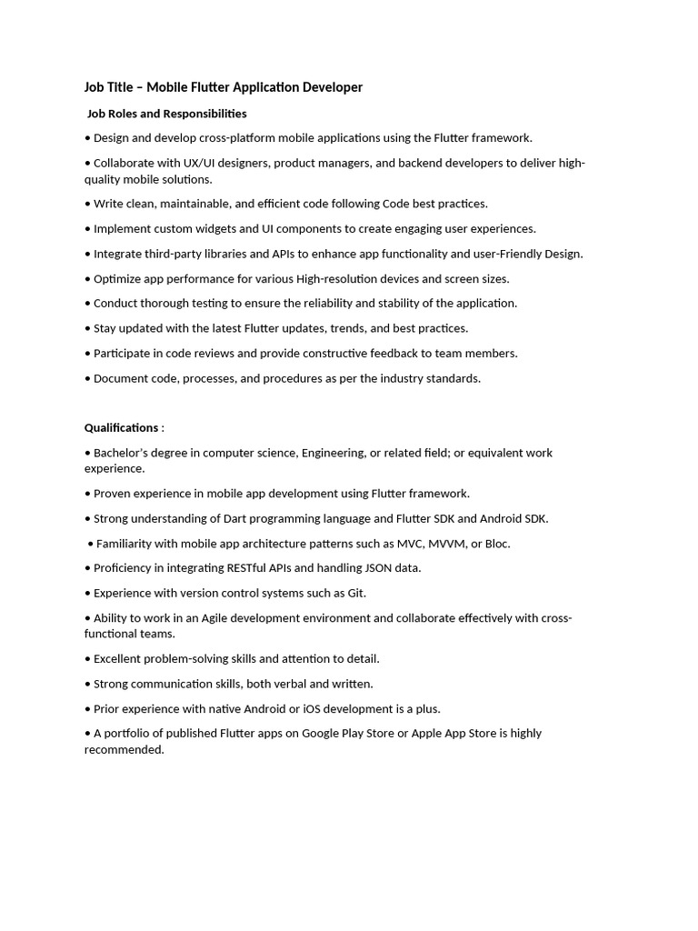 JD-Mobile Flutter Application Developer | PDF