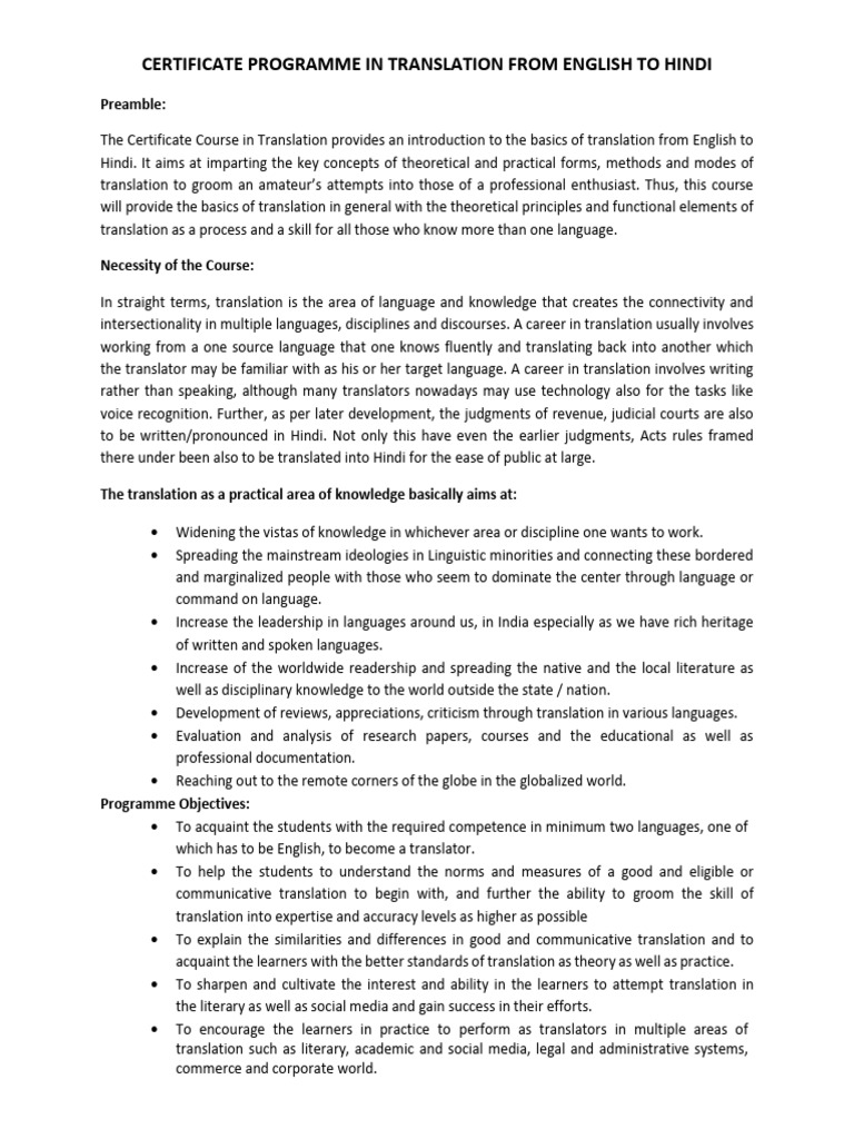CERTIFICATE COURSE IN TRANSLATION Syllabus 1 | PDF | Translations ...