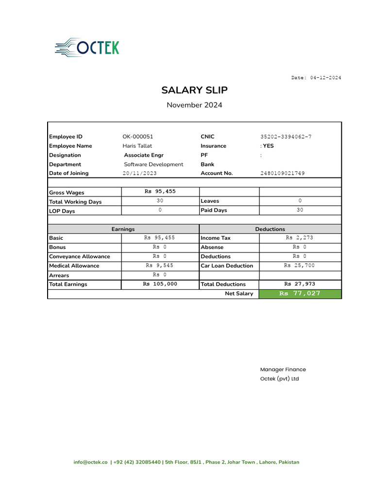 Salary Slip Octek - Salary Slip | PDF