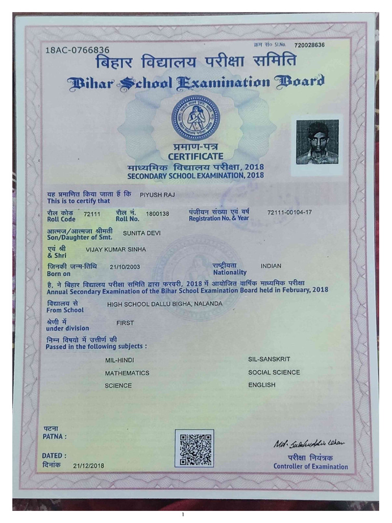 Piyush 10th Certificate | PDF