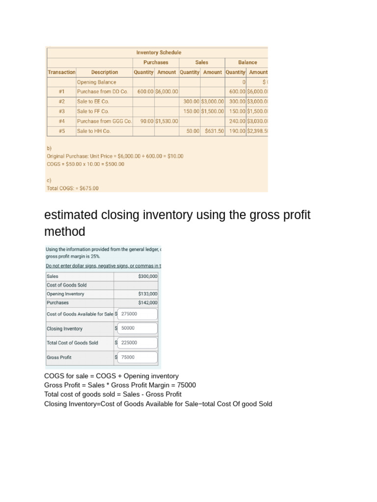 Estimated Closing Inventory Using The Gross Profit Method | PDF