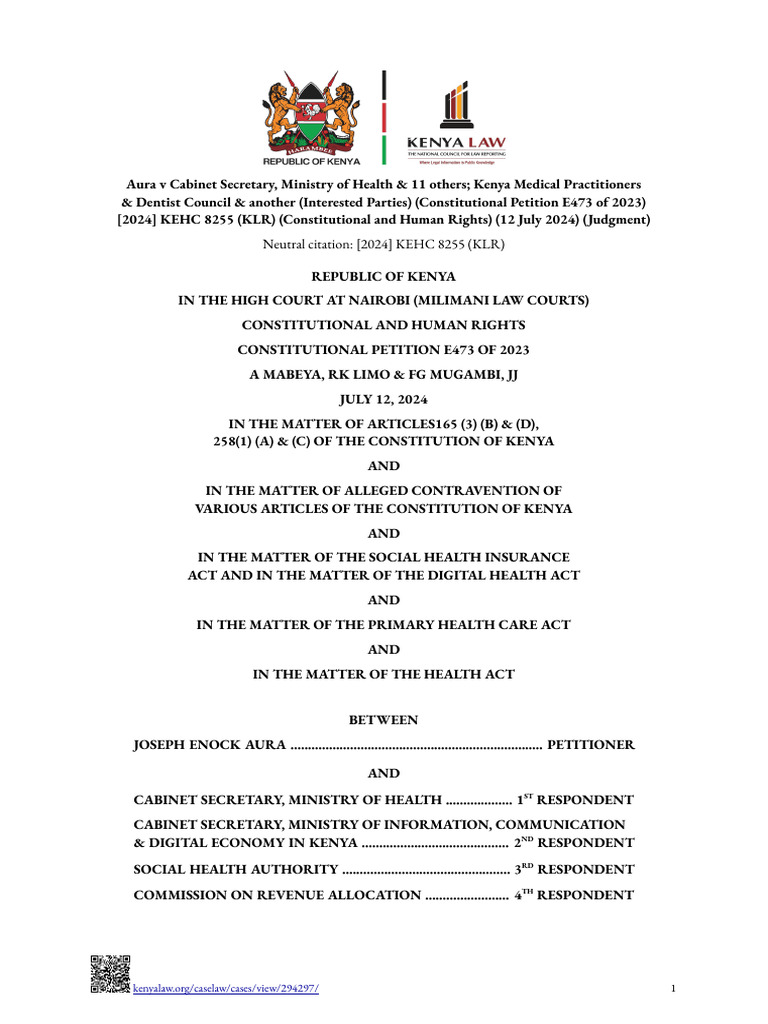 Neutral Citation: (2024) KEHC 8255 (KLR) | PDF | Constitution | Bill (Law)