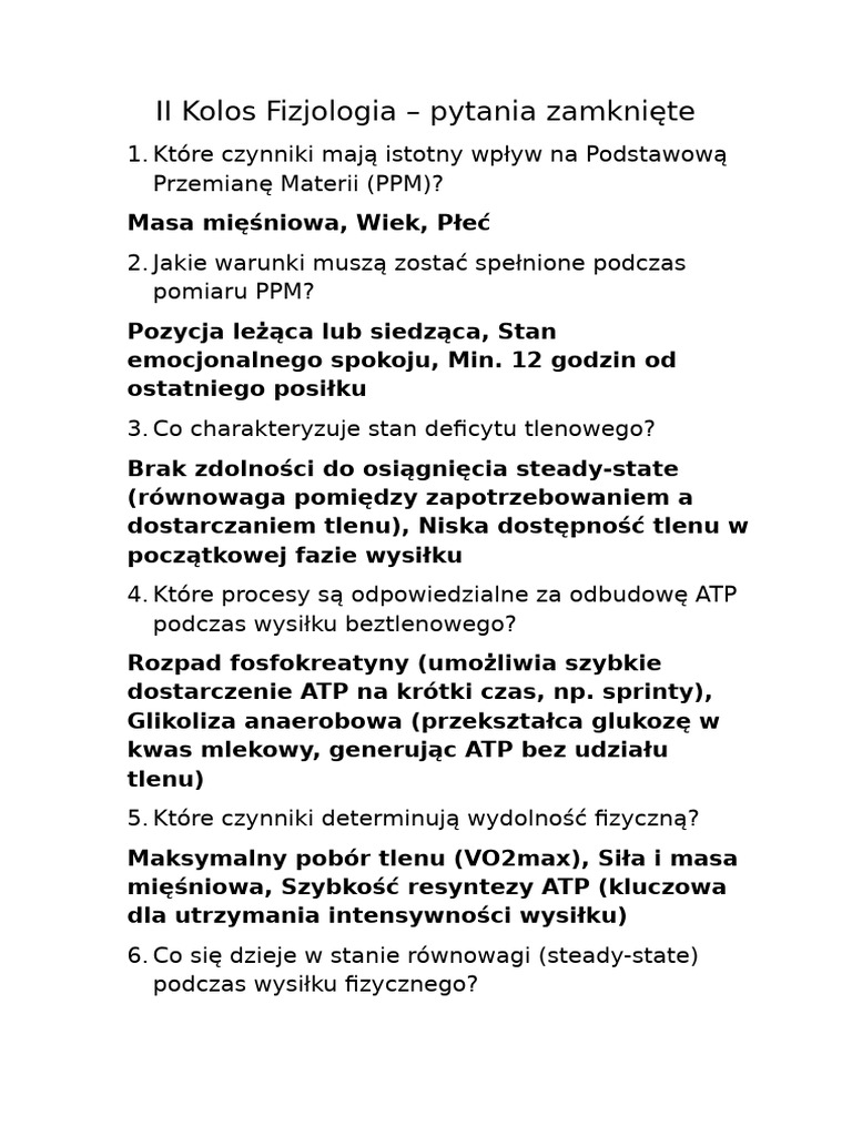 II Kolos Fizjologia - Pyt. Zamknięte | PDF