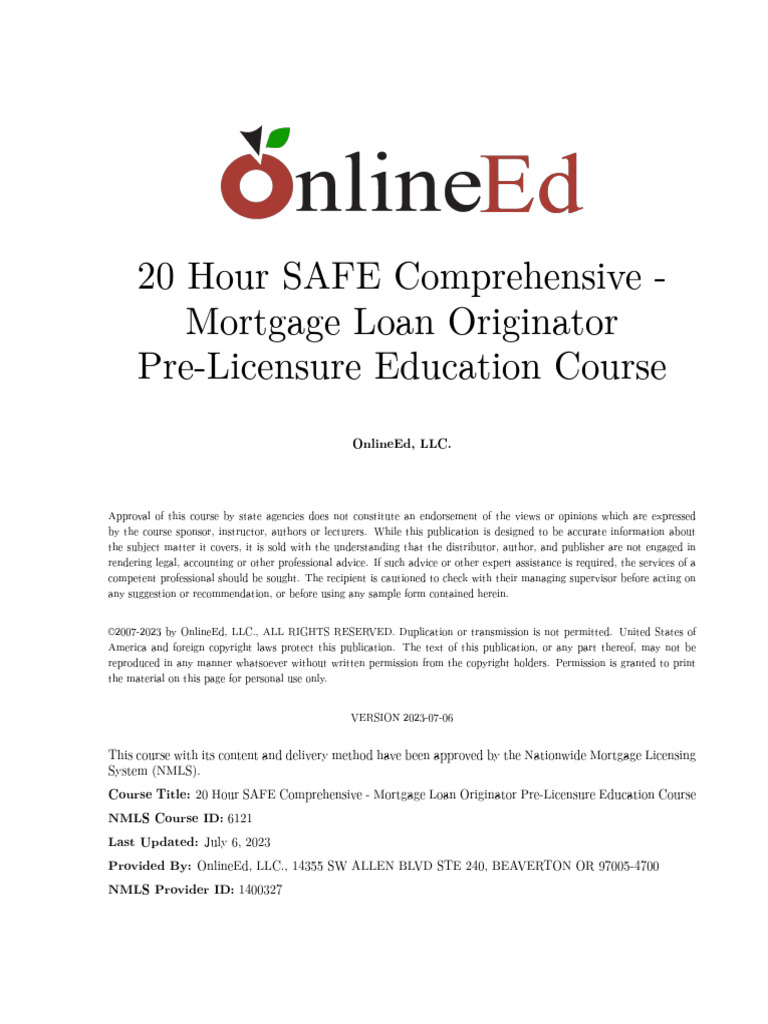 MORT-20 Hour SAFE Comprehensive - Mortgage Loan Originator Pre-Licensure Education Course-2 ...