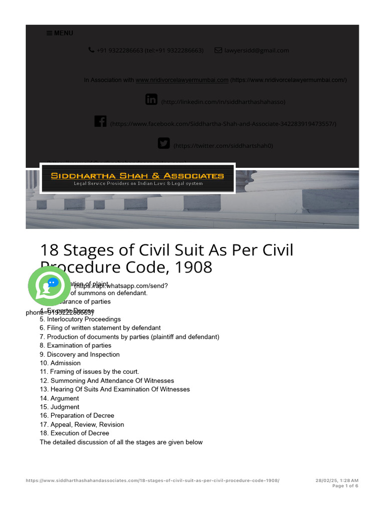 18 Stages of Civil Suit As Per Civil Procedure Code, 1908 Siddhartha Shah and | PDF | Lawsuit ...