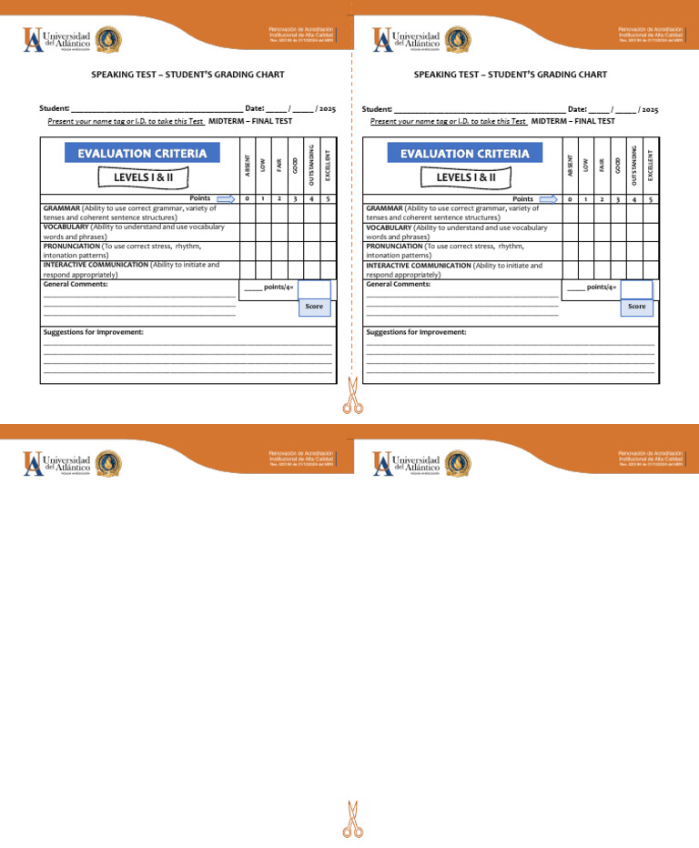 Speaking Test - Grading Sheet - Levels 1 & 2 | PDF | Languages ...