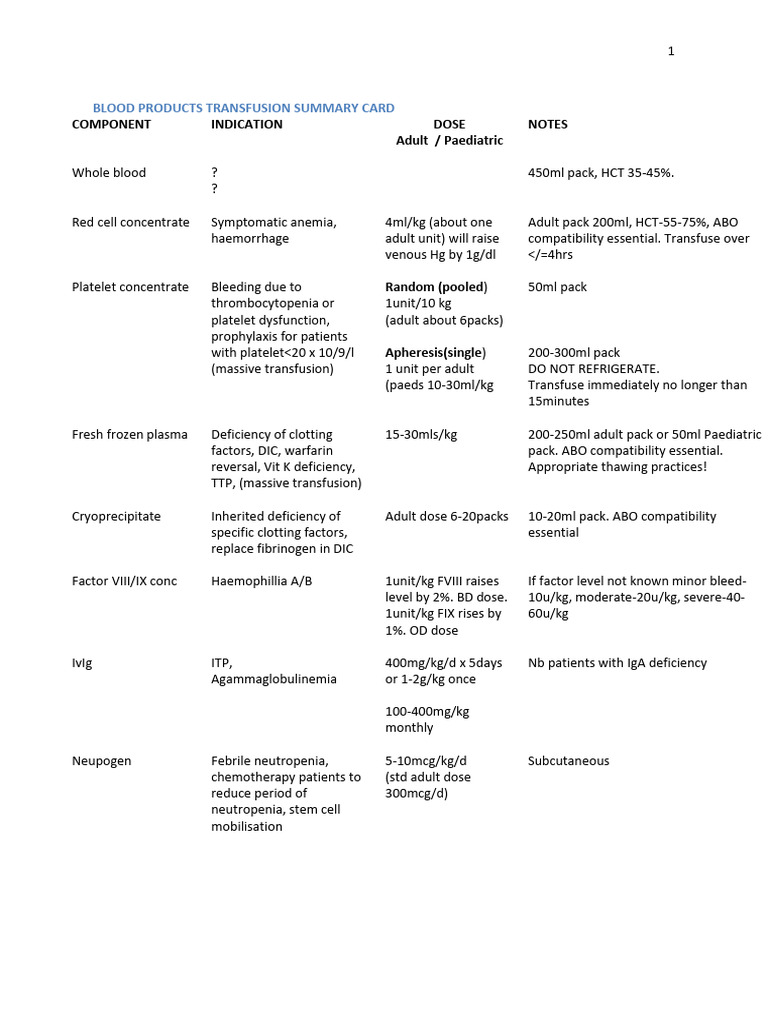 Blood Transfusion Summary Card | PDF | Platelet | Human Diseases And ...