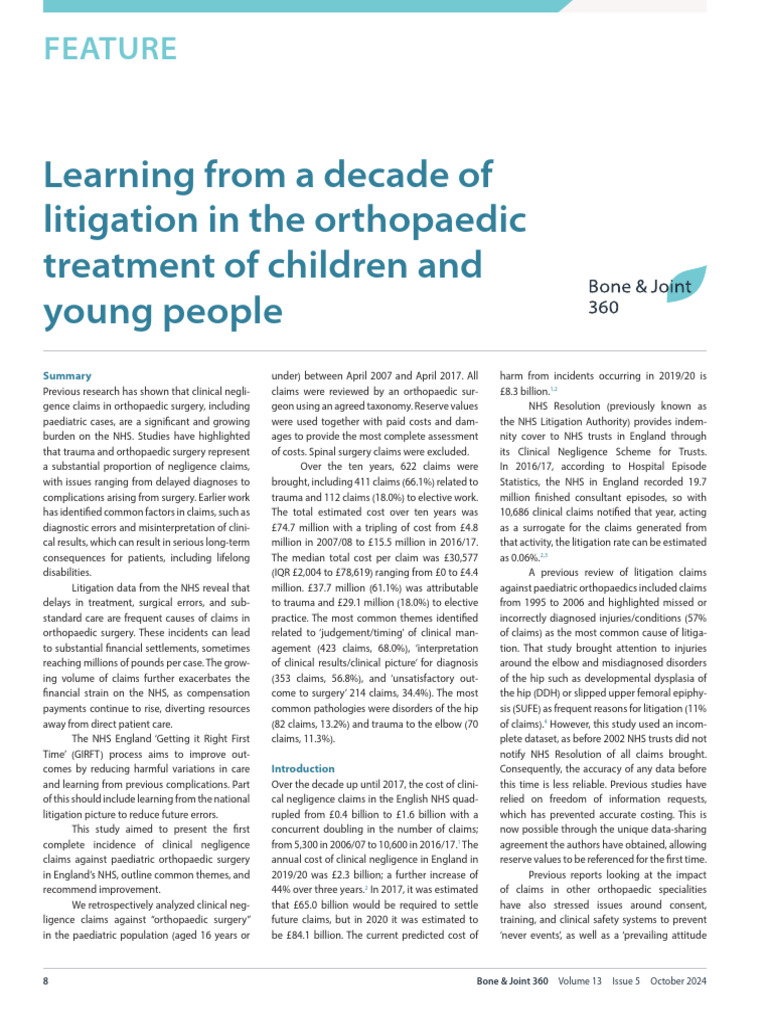 Learning From A Decade of Litigation in Paeds Ortho | PDF | Surgery ...