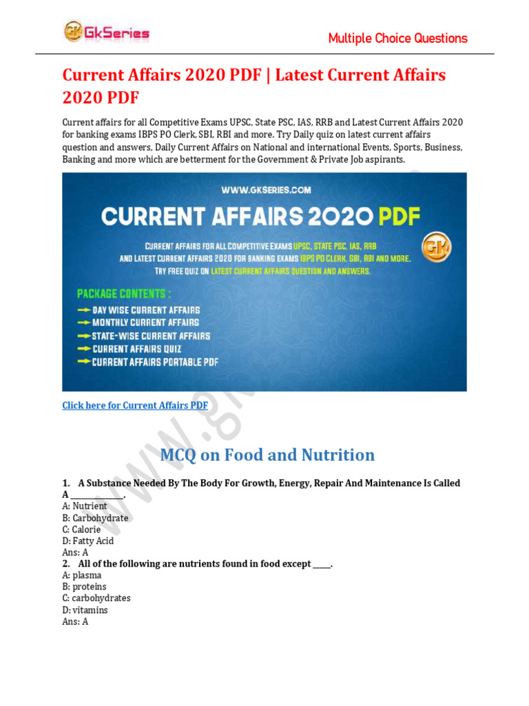 Food and Nutrition MCQs with Answers | PDF | Foods | Vitamin