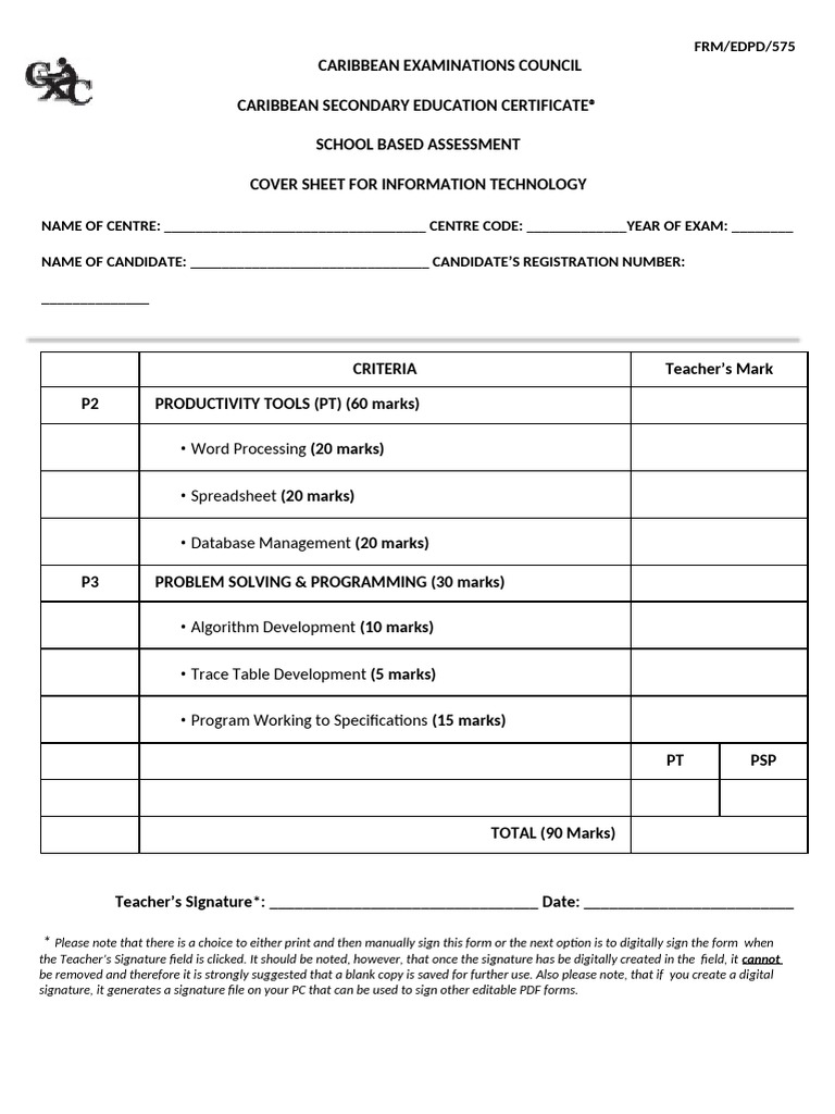 CSEC IT School-Based Assessment Cover | PDF