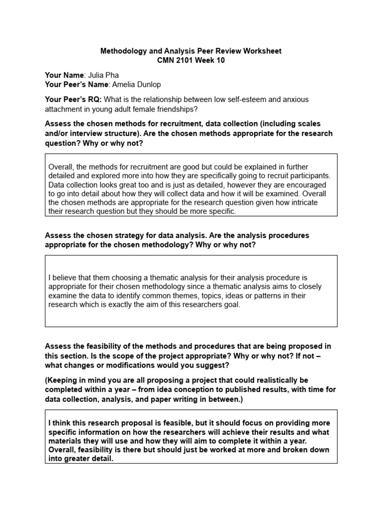 Methodology and Analysis Peer Review Worksheet W10 | PDF | Methodology ...