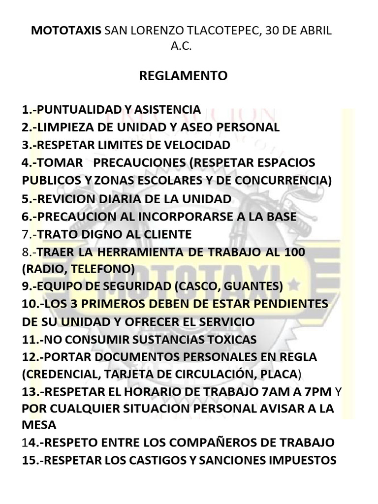 Reglamento de Mototaxis 30 de Abril | PDF