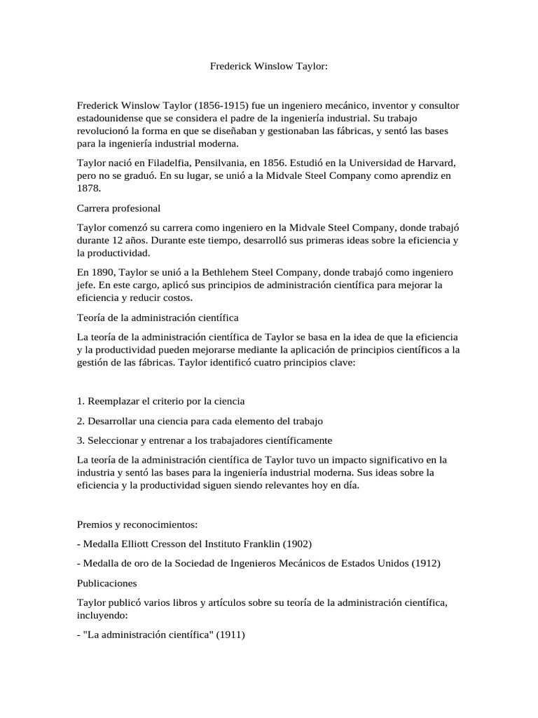 Frederick Winslow Taylor | PDF | Ingeniería Industrial | Ingeniería