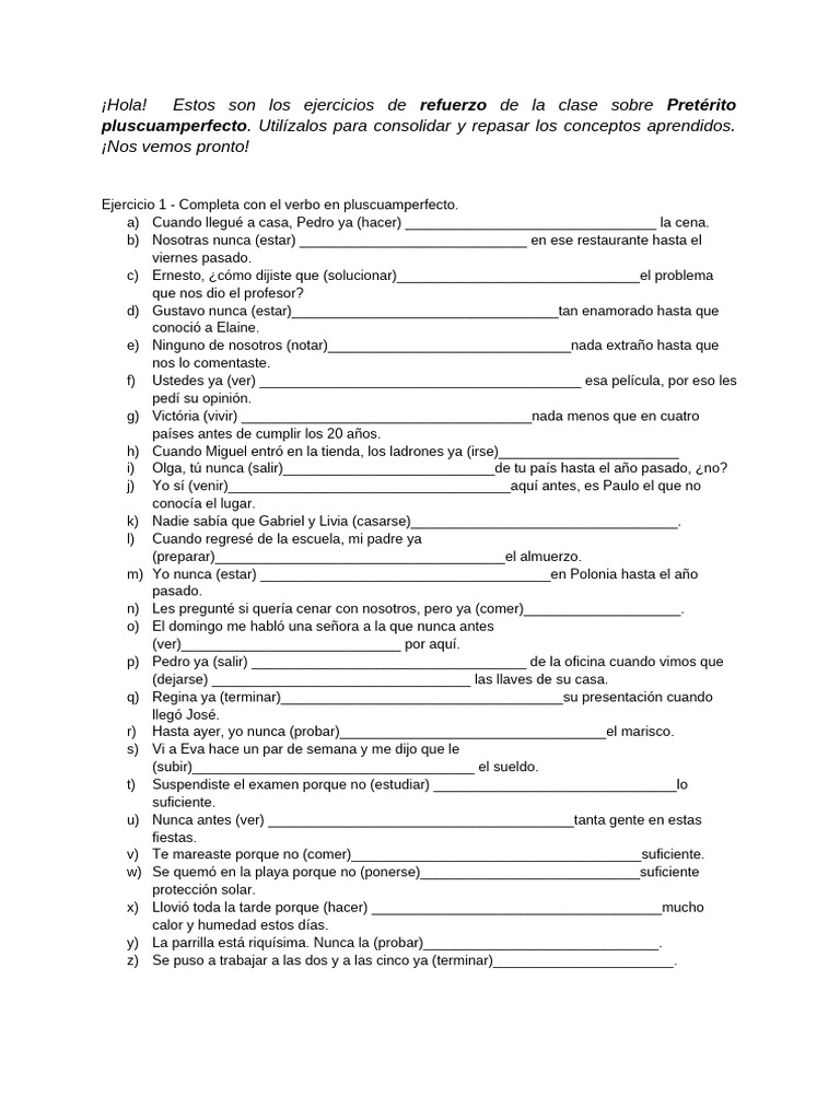 Ejercicio de refuerzo - Pretérito Pluscuamperfecto | PDF
