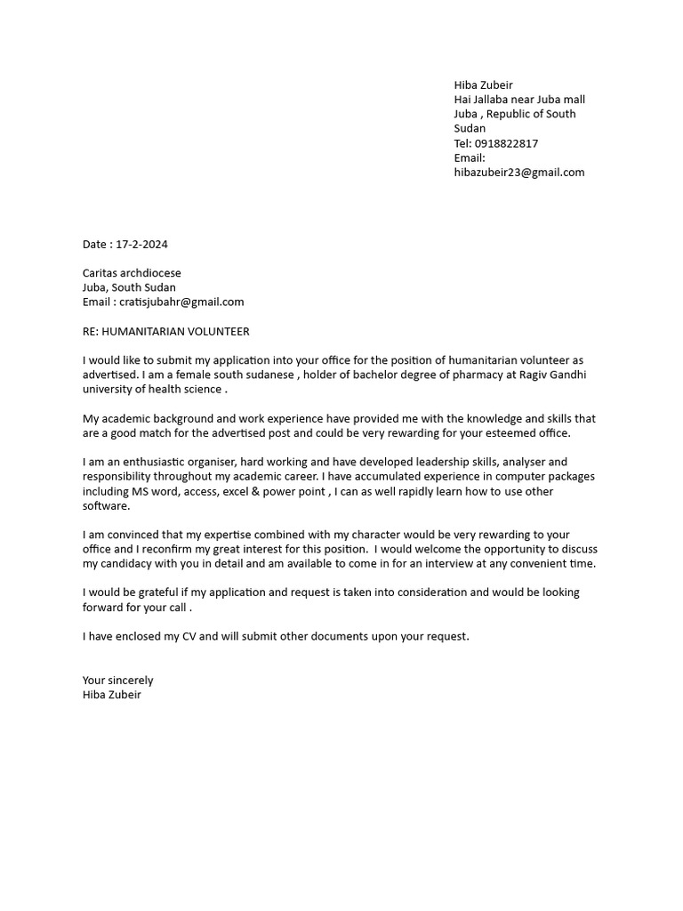 Cover Letter For THR Position of Humanitarian Volunteer | PDF