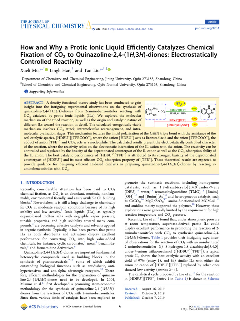 How and Why A Protic Ionic Liquid Efficiently Catalyzes Chemical Fixation of CO2 To Quinazoline ...